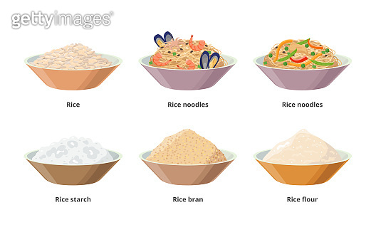 Rice food in bowls, rice noodles, starch, fluor, bran, grains. Set of ...