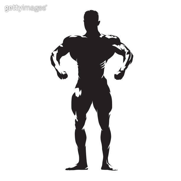 Bodybuilder with big muscles posing, isolated vector silhouette. Front ...
