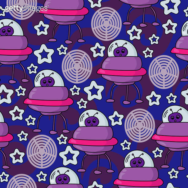 Purple alien in purple spaceship seamless pattern, UFO and stars on ...