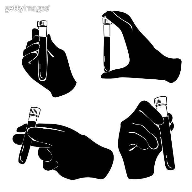 Set of silhouettes hand with a test tube, laboratory research or liquid ...