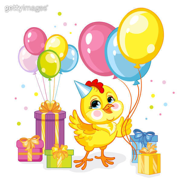 Vector illustration cartoon chicken with present and balloons 이미지 ...