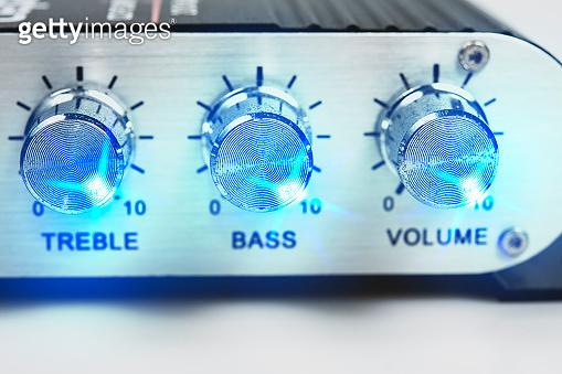 Stereo audio amplifier. Detail of sound volume controls. Volume control ...