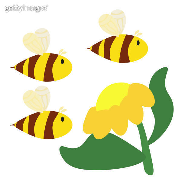 Three bees flying to a flower, honey bees on a flower meadow in cartoon ...