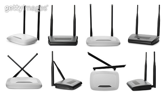 Set with modern Wi-Fi routers on white background. Banner design 이미지 ...