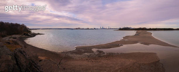 Panoramic Boston Harbor skyline and seascape. Nickerson Park beach and ...