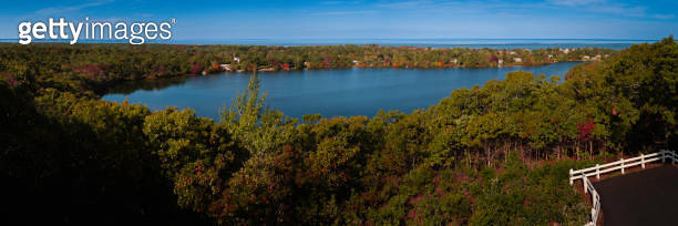 Panoramic aerial landscape over the Scargo Tower over the Scargo Pond ...