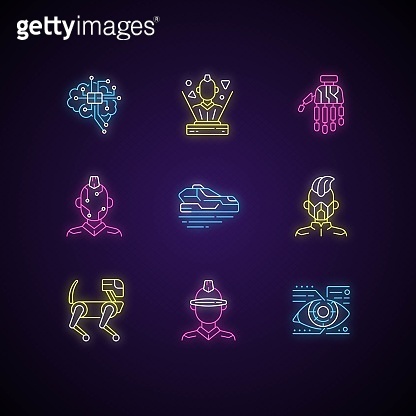 Cyberpunk attributes neon light icons set 이미지 (1319223679) - 게티이미지뱅크