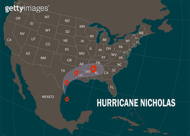 Hurricane Nicholas moves into the USA. World map. Vector illustration ...