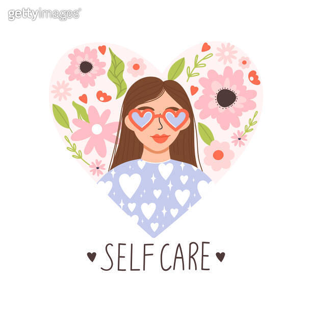 Self care, love yourself concept. Cute girl with heart shaped ...