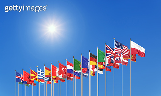 The 30 waving Flags of NATO Countries - North Atlantic Treaty. Isolated ...