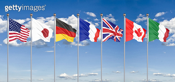 Silk waving G7 flags of countries of Group of Seven Canada, Germany ...