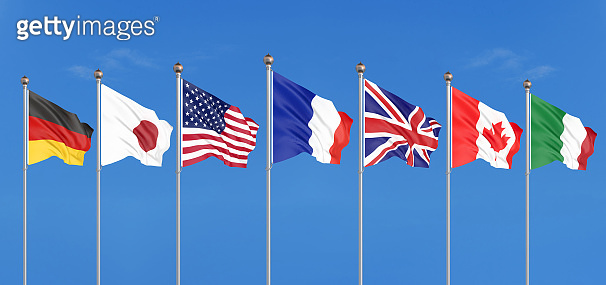 Silk waving G7 flags of countries of Group of Seven Canada, Germany ...