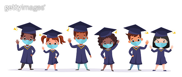 Happy graduated children wearing medical masks, academic gown and cap ...