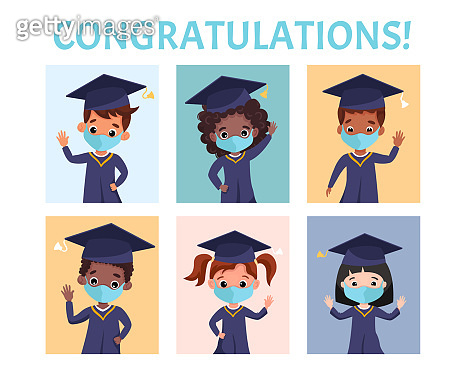 Happy graduated children wearing medical masks, academic gown and cap ...