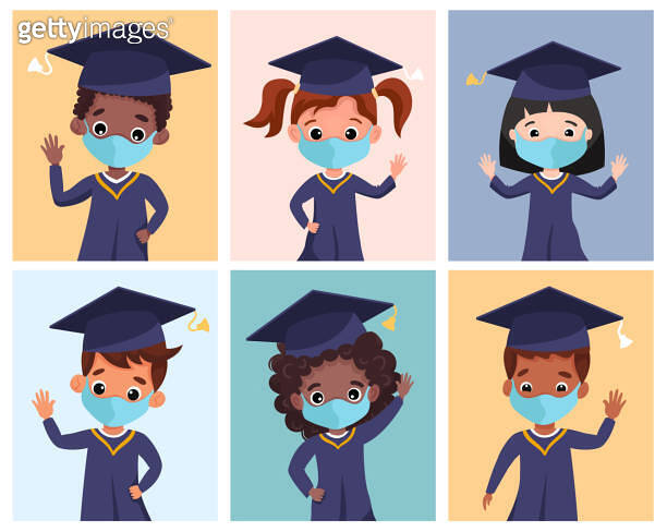 Happy graduated children wearing medical masks, academic gown and cap ...