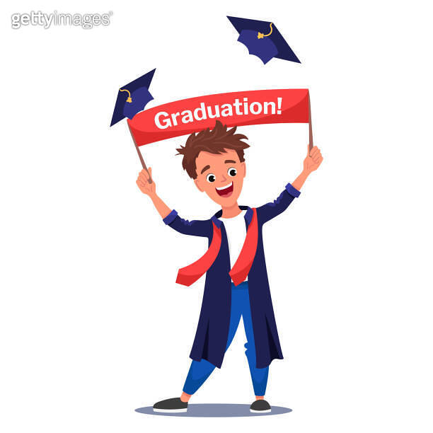 Young cheerful graduate boy in graduation cloak holding a banner with ...