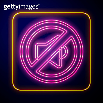 Glowing neon Speaker mute icon isolated on black background. No sound ...