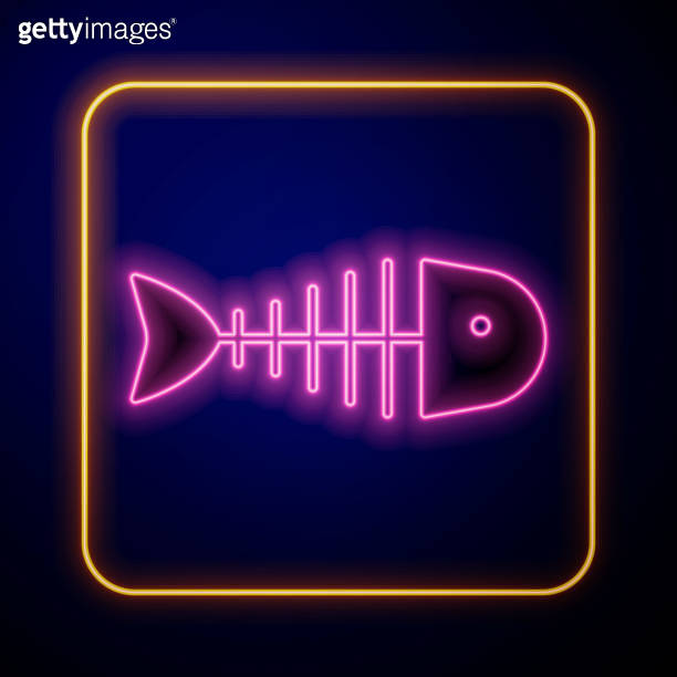 Glowing neon Fish skeleton icon isolated on black background. Fish bone ...