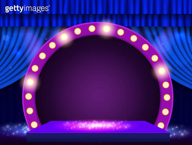 Background with blue curtain, podium, spotlights and retro arch banner ...
