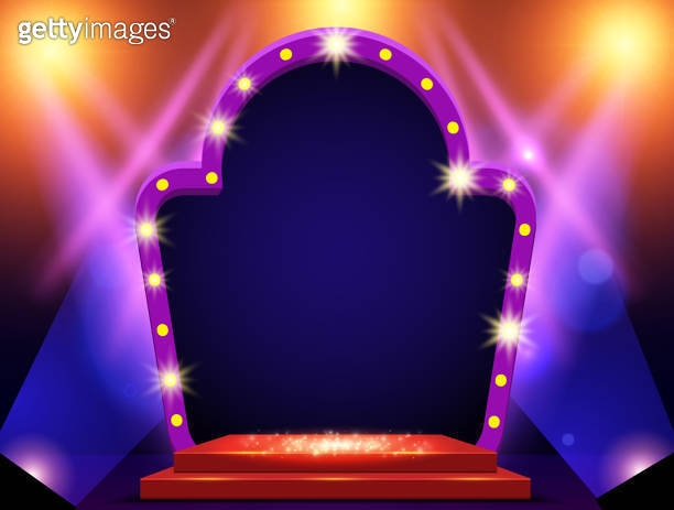 Background with podium and blue and yellow spotlights and arch banner ...