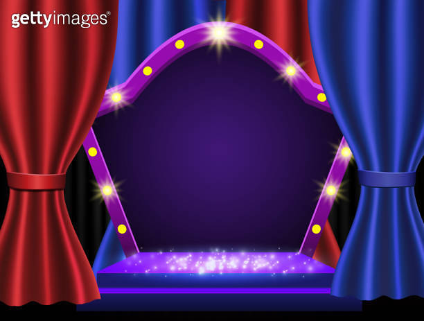 Background with curtain, podium and retro arch banner. Design for ...
