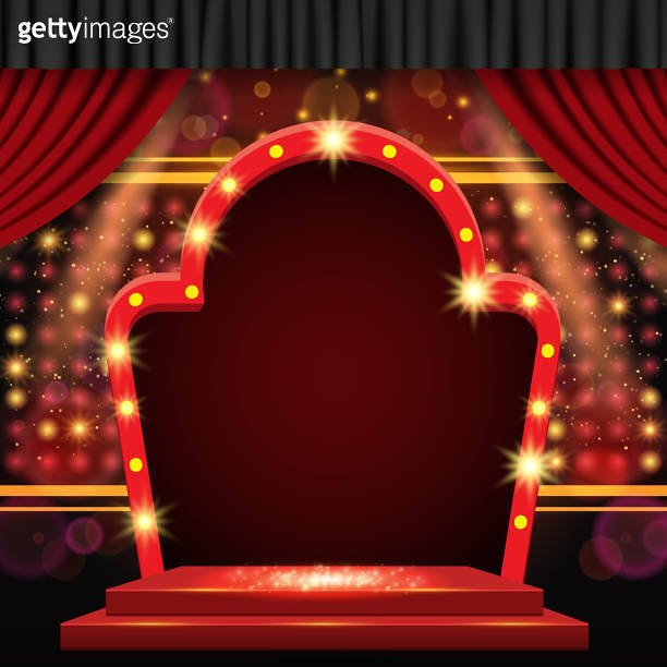 Background with red curtain and arch banner. Design for presentation ...