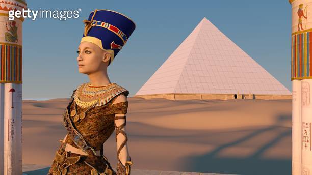 Queen Nefertiti in front of the great pyramid of Giza and a view of the ...
