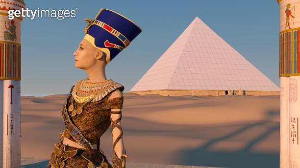 Queen Nefertiti in front of the great pyramid of Giza and a view of the ...
