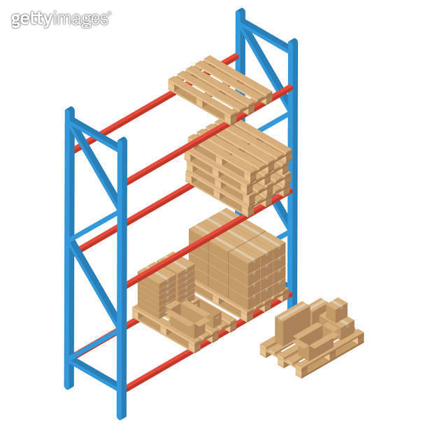 Isometric racks with pallet and box. Vector warehouse shelving ...