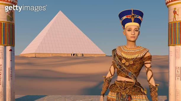 Queen Nefertiti in front of the great pyramid of Giza and a view of the ...