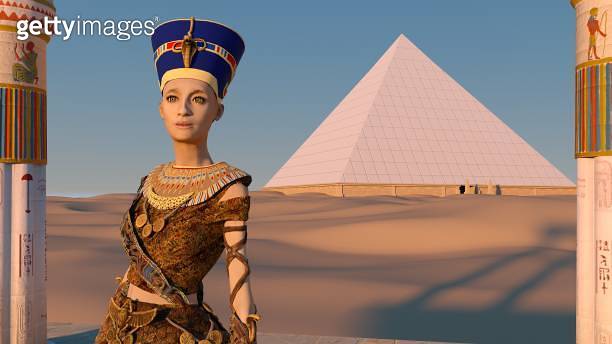 Queen Nefertiti in front of the great pyramid of Giza and a view of the ...