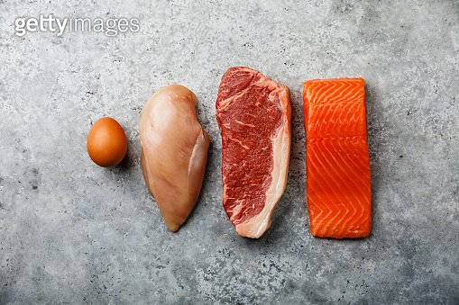 Raw food selection for Carnivore diet Egg, Chicken meat, Beef meat and ...