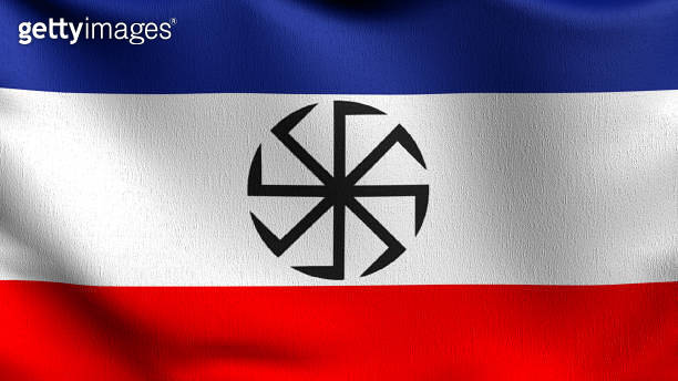 Kolovrat, HOLY or Slavic flag blowing in the wind. 3D rendering ...