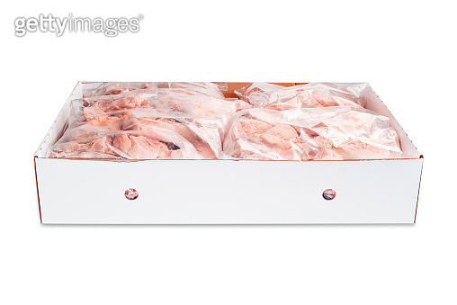 Raw meat box for supermarket, retail.Raw chicken backs in a package ...