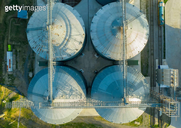 Top down view modern steel agricultural grain granary silos cereal ...