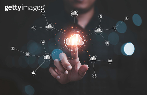 Man hand touching to virtual cloud computing with connection line and icons for technology ...