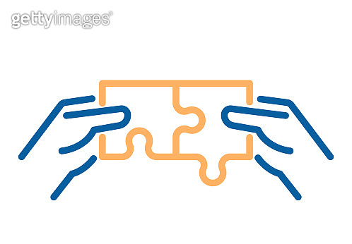 Matching puzzle pieces vector thin line icon. Two hands joining and ...