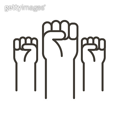 Arms raised up with fist hands closed. Vector thin line icon for ...