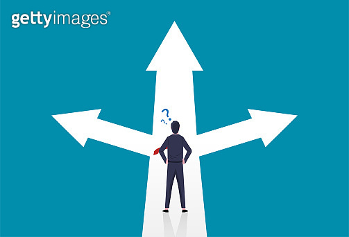 Businessman confused standing at arrows concept. Symbol of career path ...