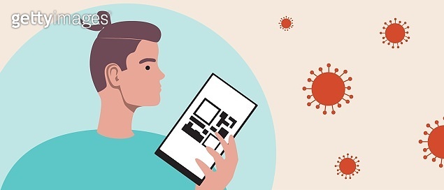 Man with QR code, Flat vector stock illustration with Young person and ...