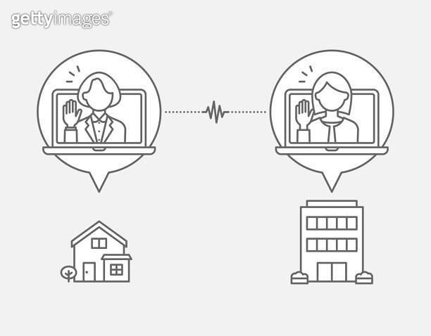 Line drawing icon of women at work and at home making a video call ...