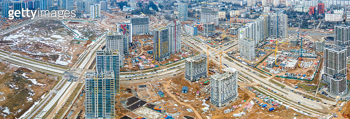 Panoramic view of construction of high-rise resedential buildings. The ...
