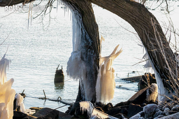 Ice icicles. Water and frost create beautiful ice formations on the ...