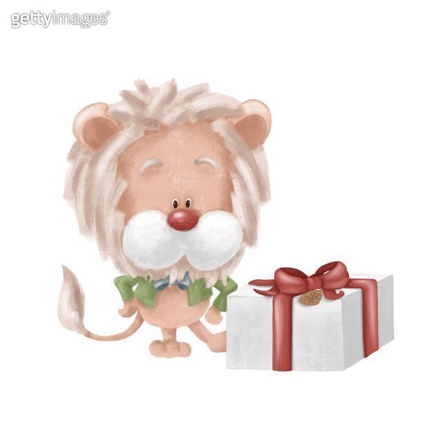Cute little lion packing gift box with red ribbon. (1353628062) - 게티이미지뱅크