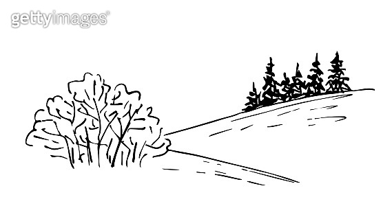 Simple hand-drawn vector drawing in black outline. Hilly landscape ...