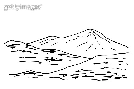 Hand-drawn simple vector sketchy ink drawing. Panoramic mountain ...