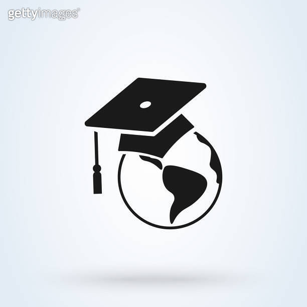 graduation cap on globe vector icon illustration. World Education. logo ...