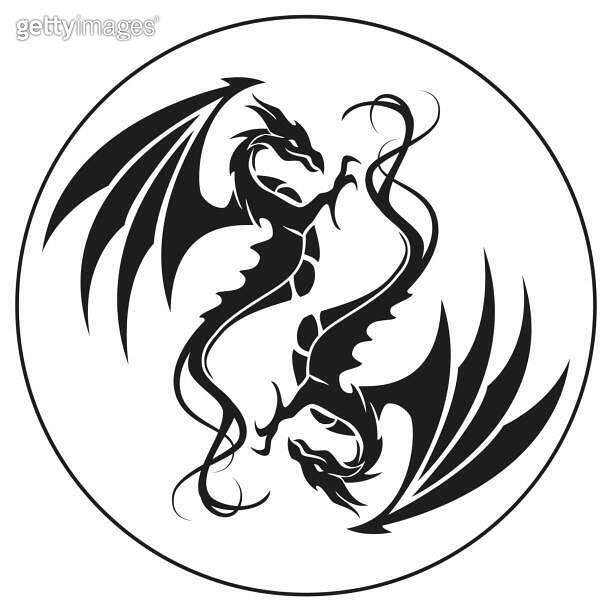 Dragons in a circle - Dragon symbol tattoo, black and white vector ...