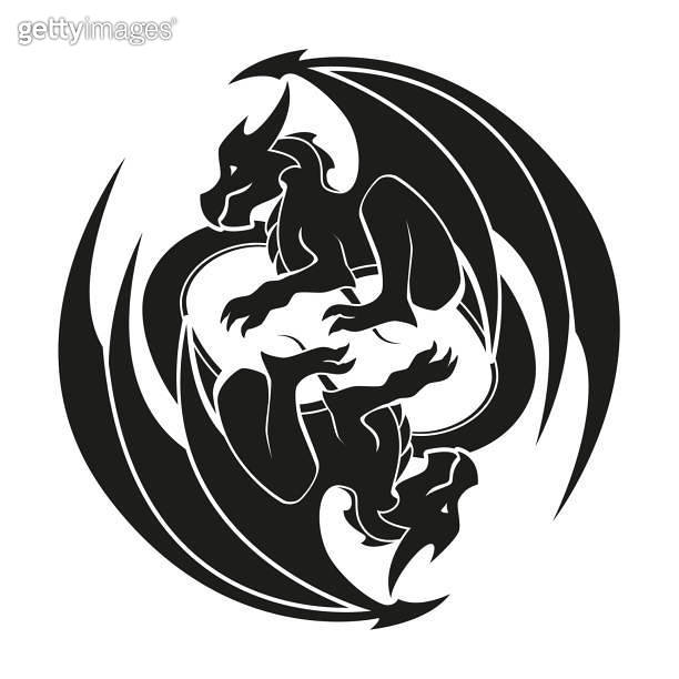 Dragons entwined in a circle - Dragon symbol, black and white ...