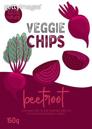 Veggie beetroot chips packaging design in cartoon style. Bright beet ...